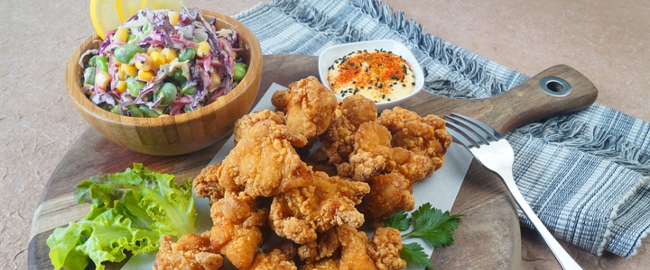 Chicken Karaage Served with Japanese Slaw and Togarashi Mayo Dip